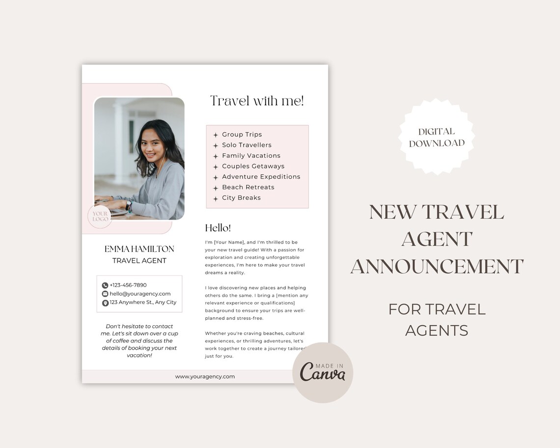 New Travel Agent Announcement Template, Travel Agent Bio, Canva, Travel ...