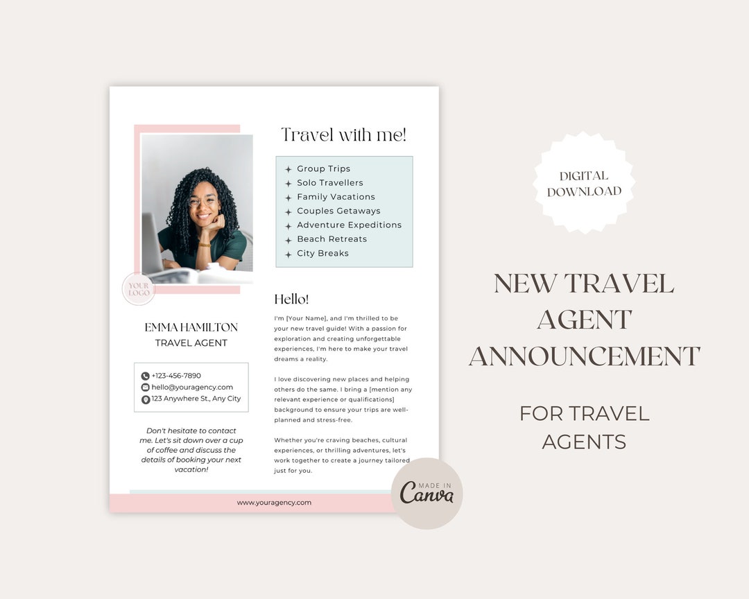 New Travel Agent Announcement Template, Travel Agent Bio, Canva, Travel ...