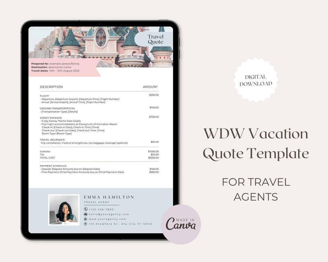 WDW Travel Agent Quote Template, Vacation Quote Template, Quotation ...
