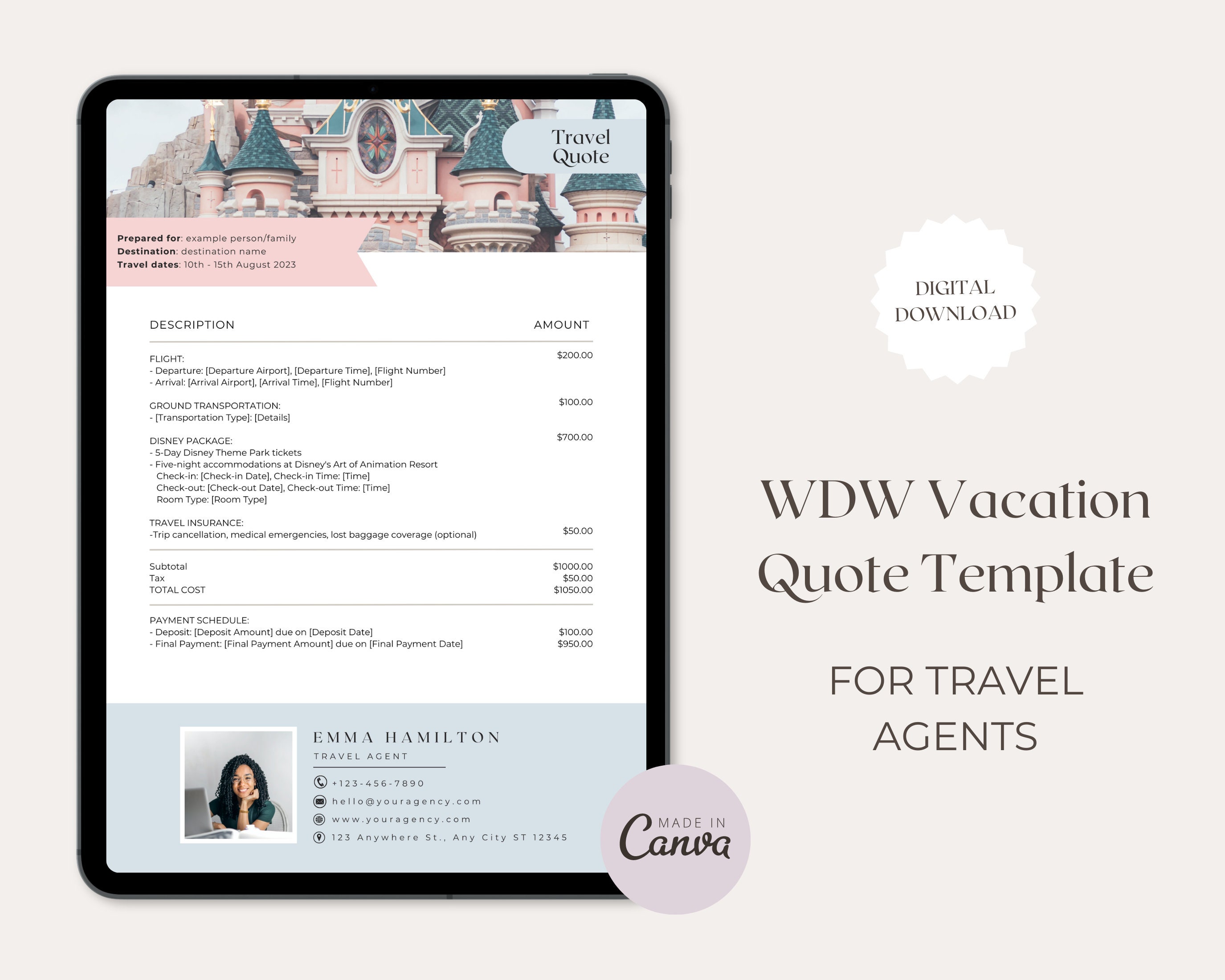 WDW Travel Agent Quote Template, Vacation Quote Template, Quotation ...