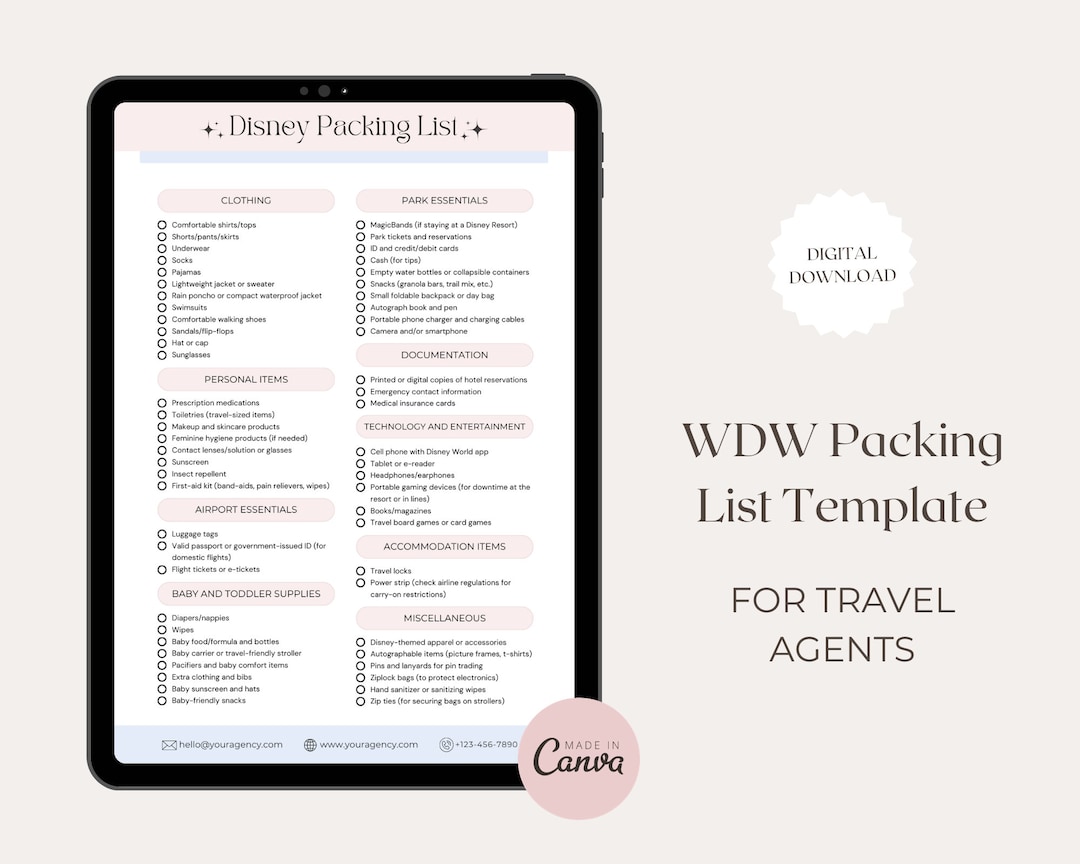 WDW Vacation Packing List, WDW Checklist, Travel Agent Template, Canva ...