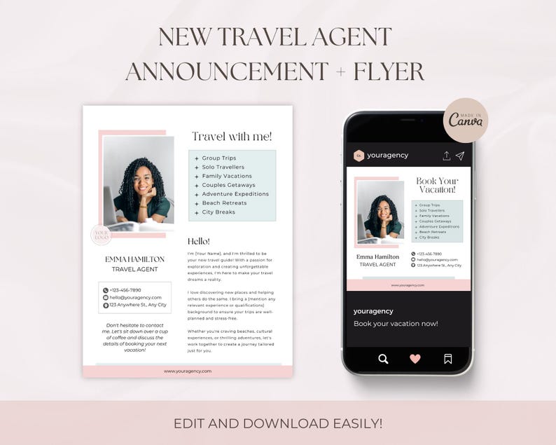 New Travel Agent Announcement Template, Travel Agent Bio, Canva, Travel ...