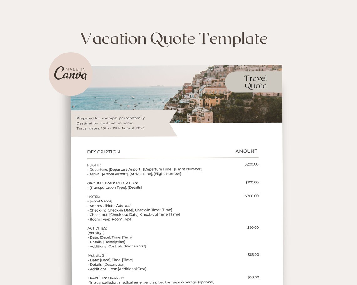 Travel Agent Quote Template, Vacation Quote Template, Quotation ...