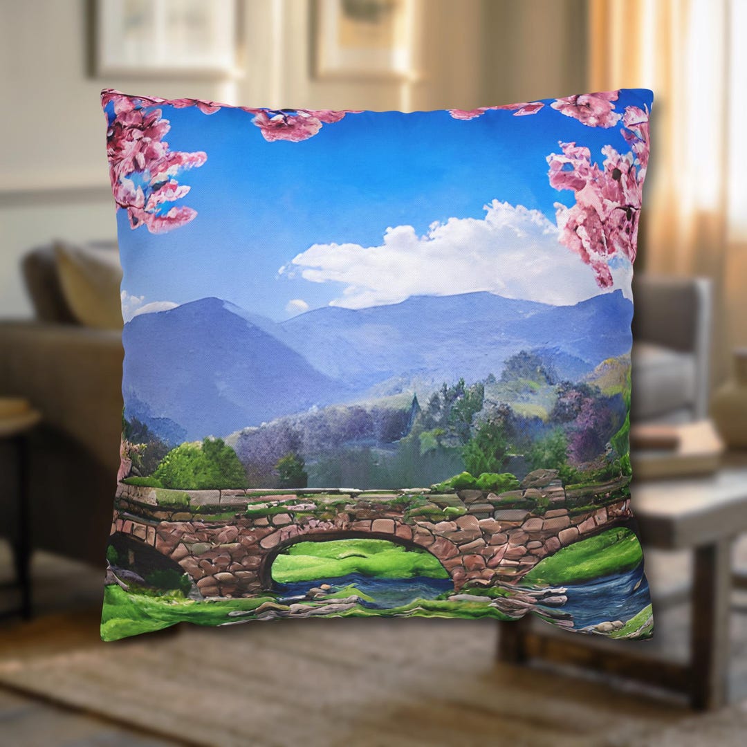 Cherry Blossom Mountain Landscape Pillow | Stone Bridge Scenic Throw ...