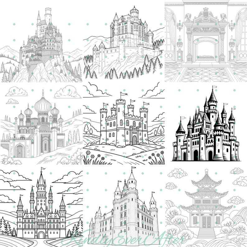 Castle Digital Images, Fantasy Castle Line Art, Medieval Castle Clipart ...