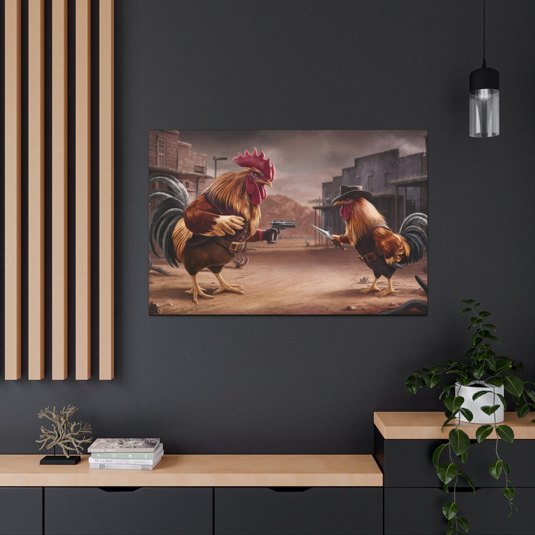 Old Western Style Roosters Fighting Canvas Gallery Wrap, Rooster Lover ...