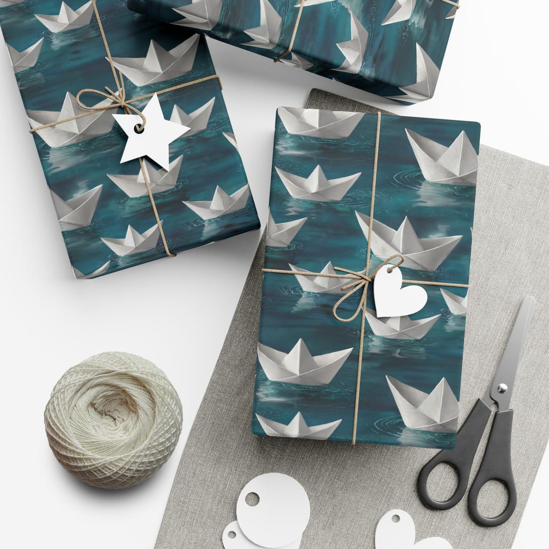 Paper Boat Wrapping Paper, Paper Boat Design, Blue Background, Artistic ...