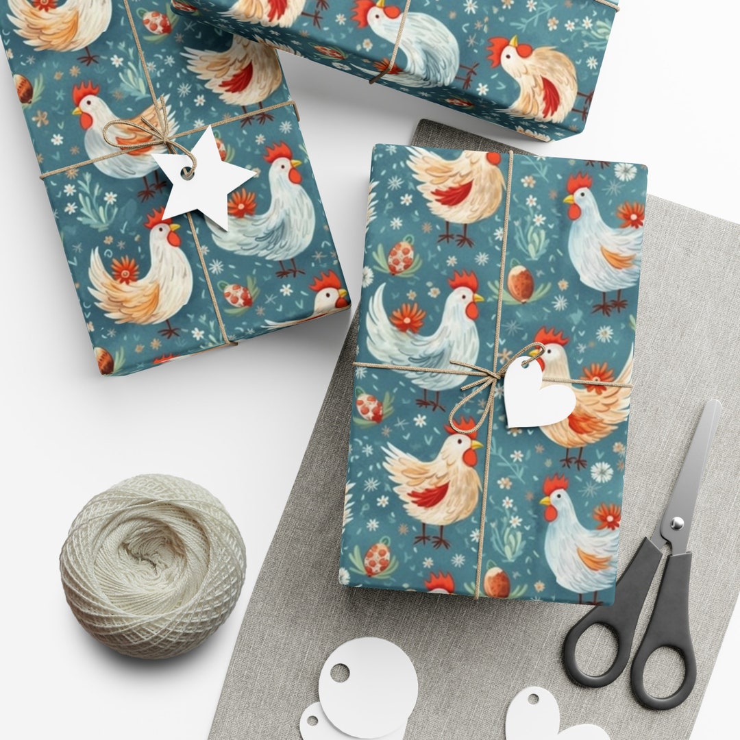 Hens Folk Art Style Gift Wrap Paper, Chicken Wrapping Paper, Chicken ...