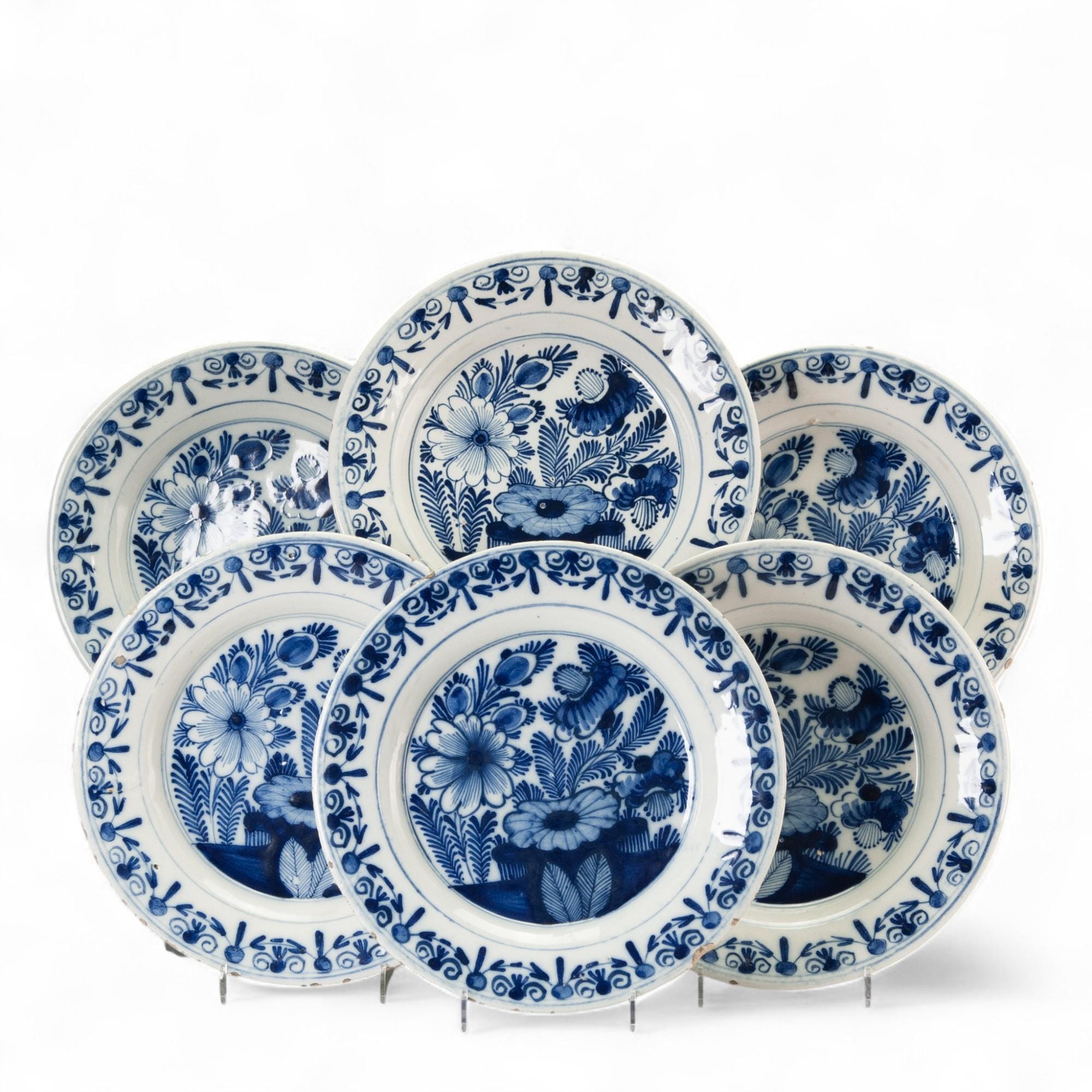 Delft Blue Plates, Flowers Growing From Rockwork, Dutch, 18th. Ct. Set ...