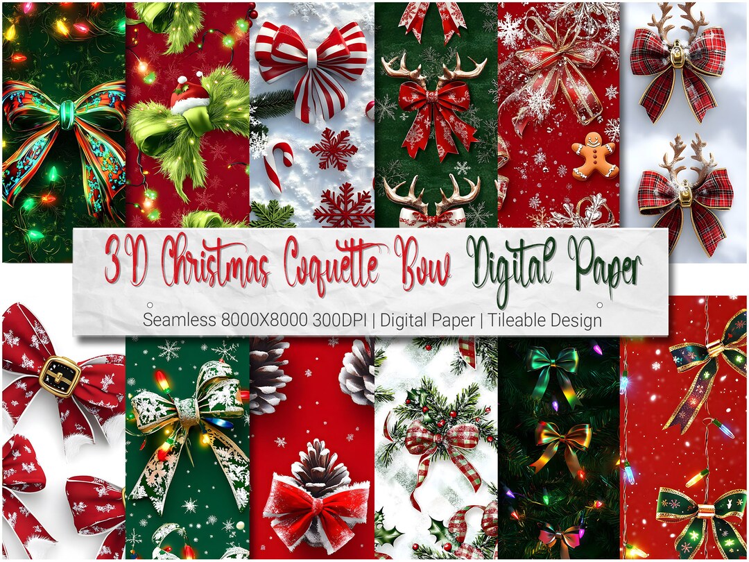 3D Christmas Coquette Bow Digital Paper in 8K - 12 Seamless Patterns ...