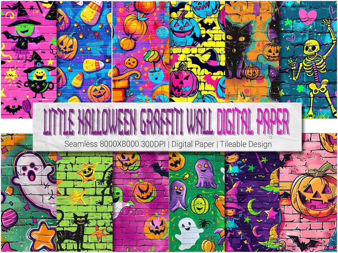 Little Halloween Graffiti Wall Digital Paper in 8K - 12 Seamless ...