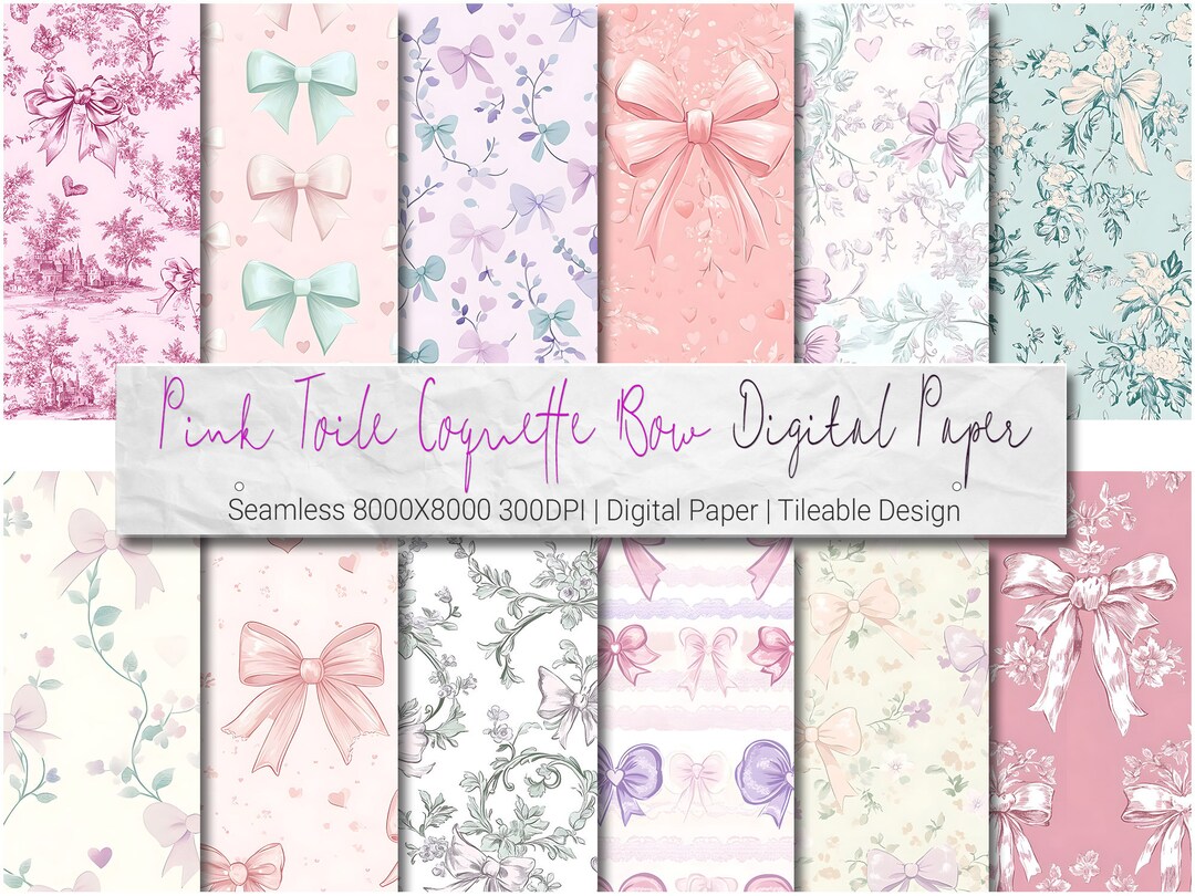 Pink Toile Coquette Bow Digital Paper in 8K - 12 Seamless Patterns ...
