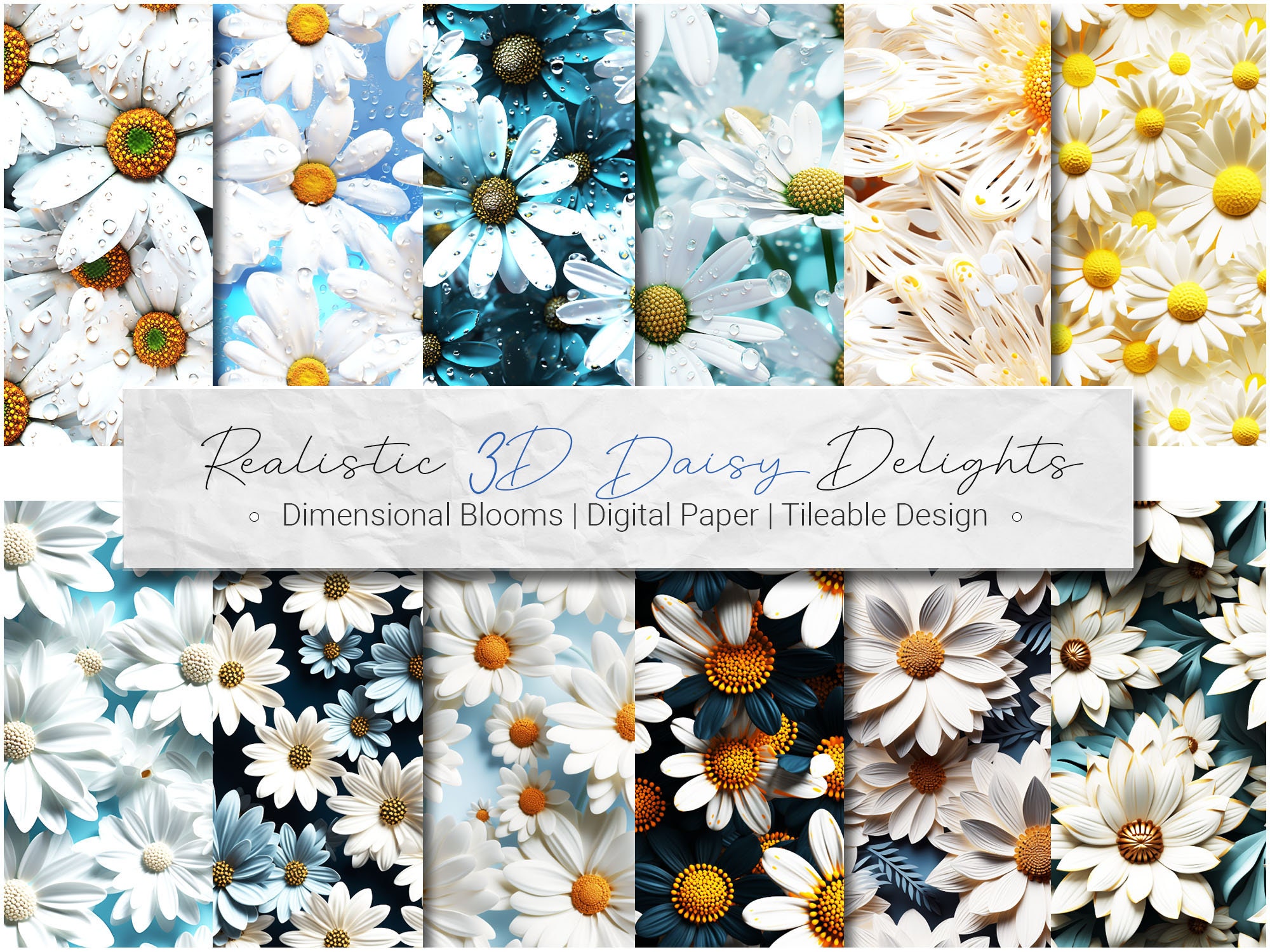 3D Daisy Spring Flowers - Digital Paper Pack 12 Seamless, Tileable PNG ...