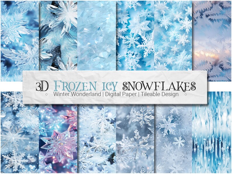 3D Frozen Icy Snowflakes - Digital Paper Pack 12 Seamless Tileable ...