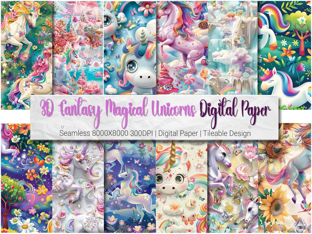 3D Fantasy Magical Cute Unicorns Digital Paper in 8K - 12 Seamless ...