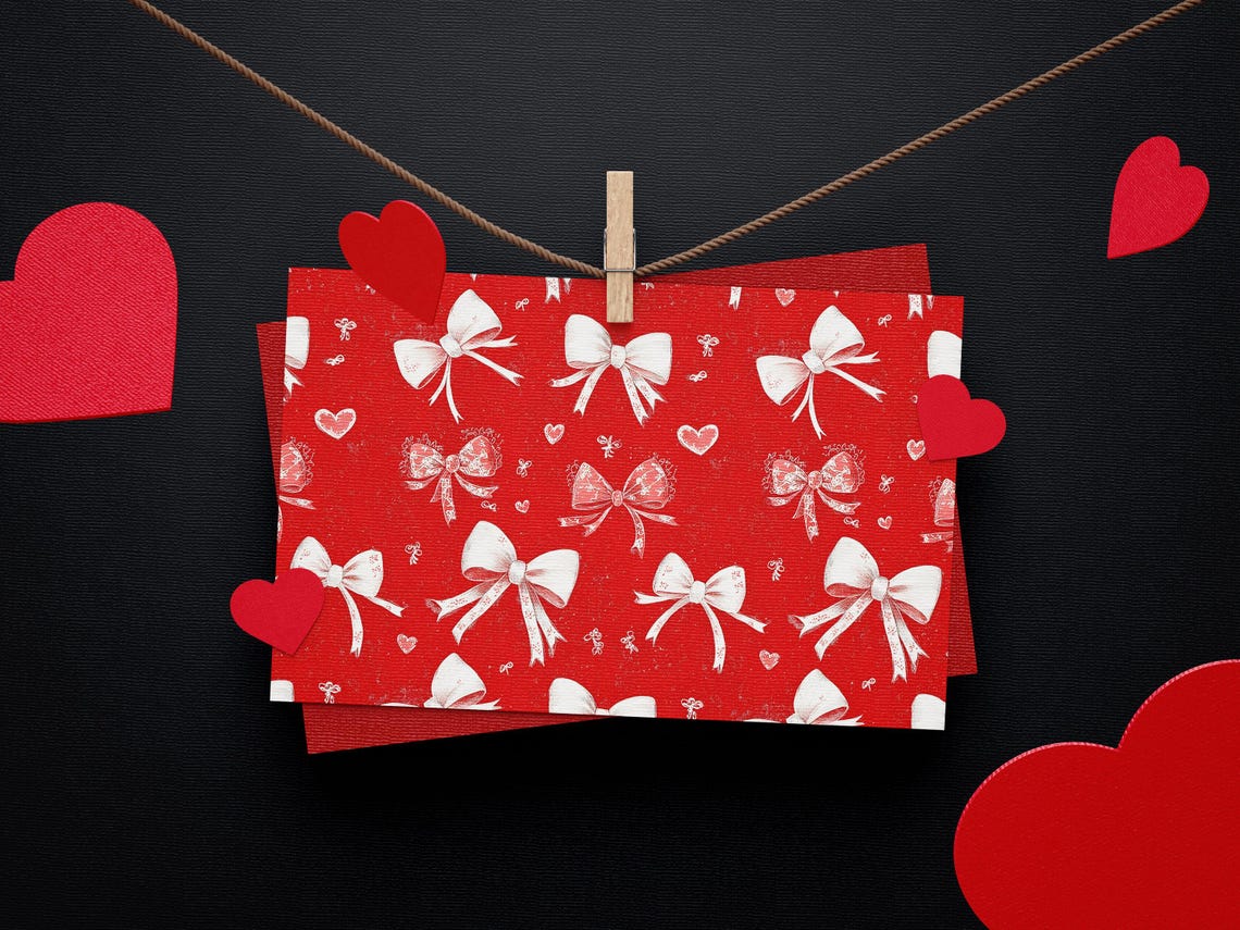 20 Valentines Hearts Coquette Bow Digital Paper 8K - 20 Seamless ...