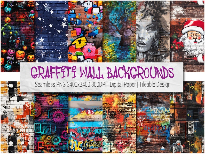 Graffiti Wall Backgrounds - 12 Seamless Tileable PNG Patterns, Digital Paper, High Resolution ...