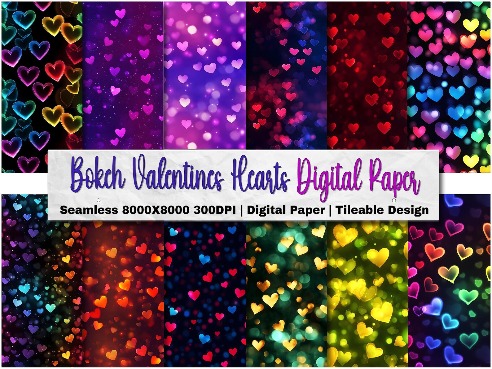 20 Bokeh Valentines Hearts Digital Paper in 8K - 20 Seamless Patterns ...