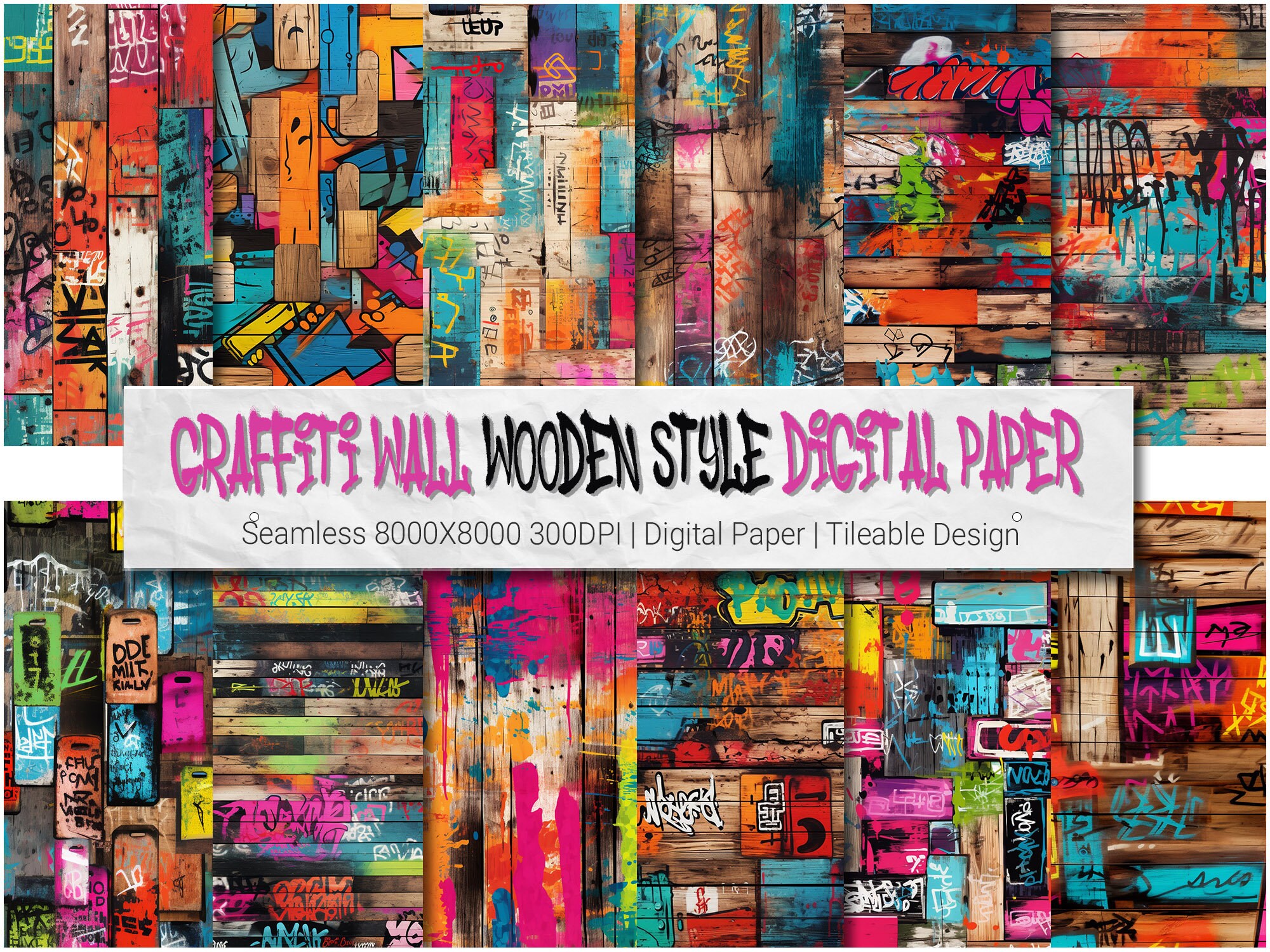 Graffiti Wall Wooden Style Digital Paper 8K Seamless Patterns, Street ...