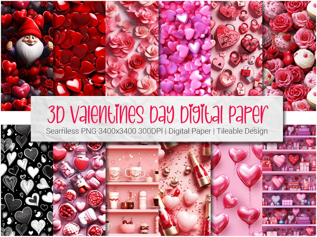 3D Valentines Digital Paper - 16 Seamless Tileable PNG Patterns, Sweet ...