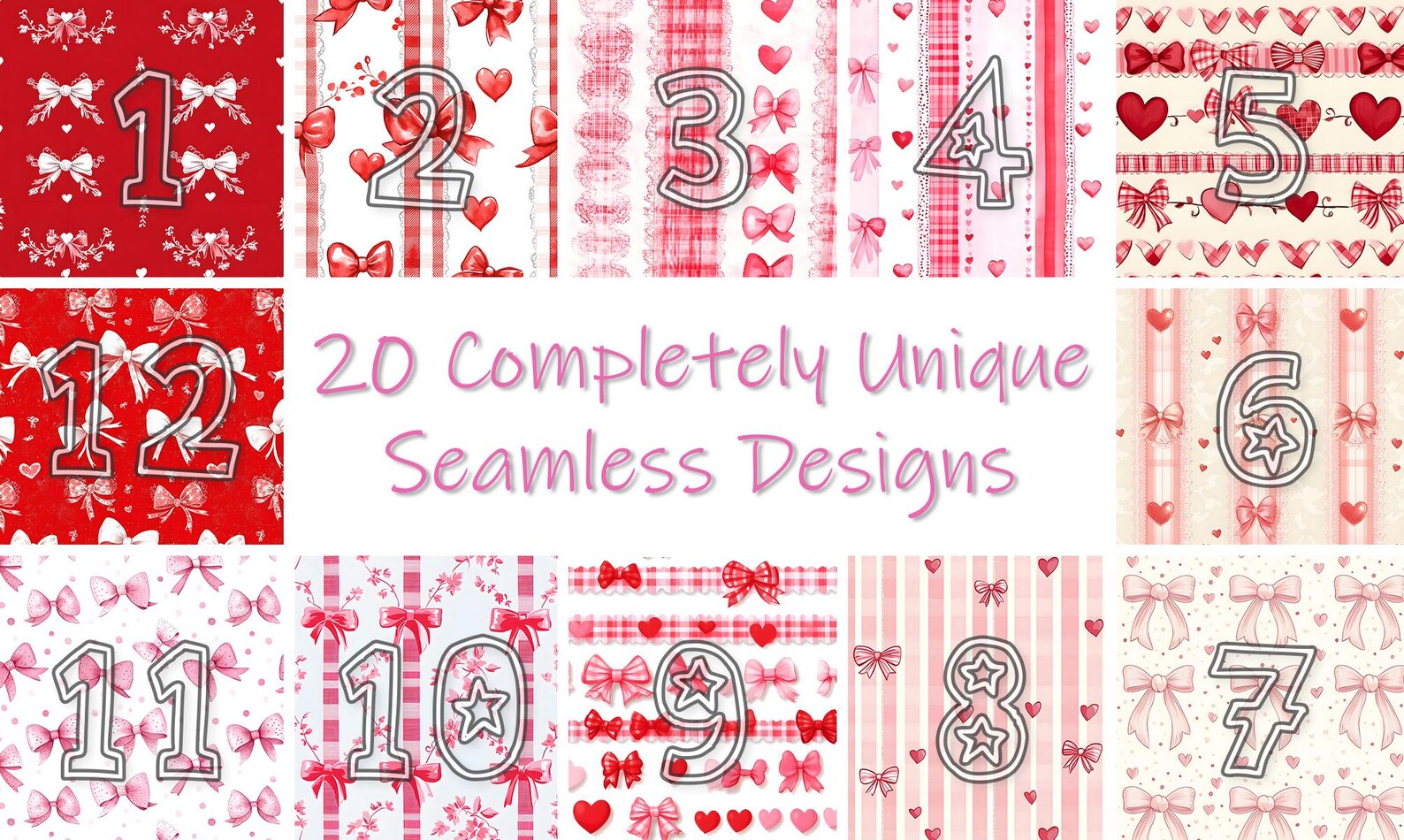 20 Valentines Hearts Coquette Bow Digital Paper 8K - 20 Seamless ...
