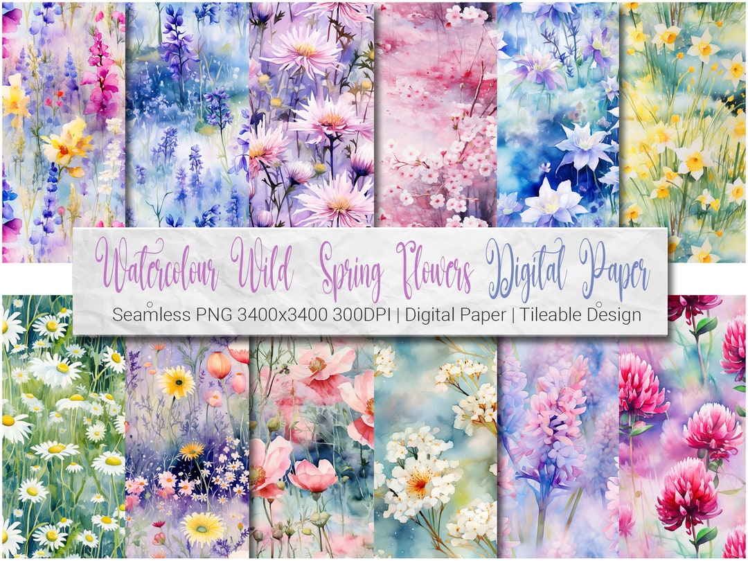 Watercolour Wild Spring Flowers Digital Paper - 18 Seamless Tileable ...