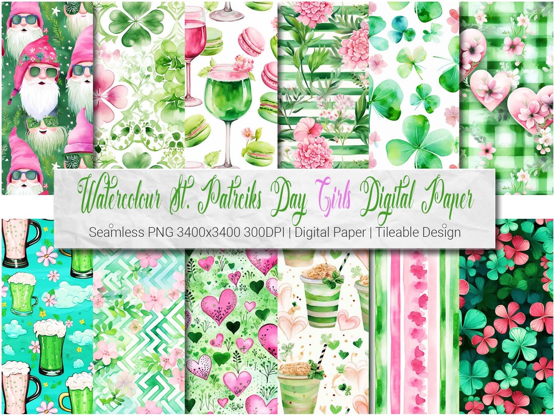 Watercolour St. Patricks Day Girls Digital Paper - 13 Seamless PNG ...