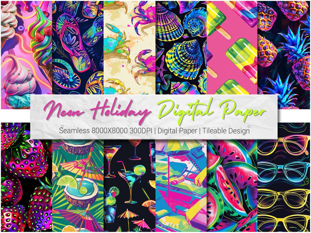 Neon Holiday Digital Paper in 8K - Seamless Patterns, Neon Summer ...
