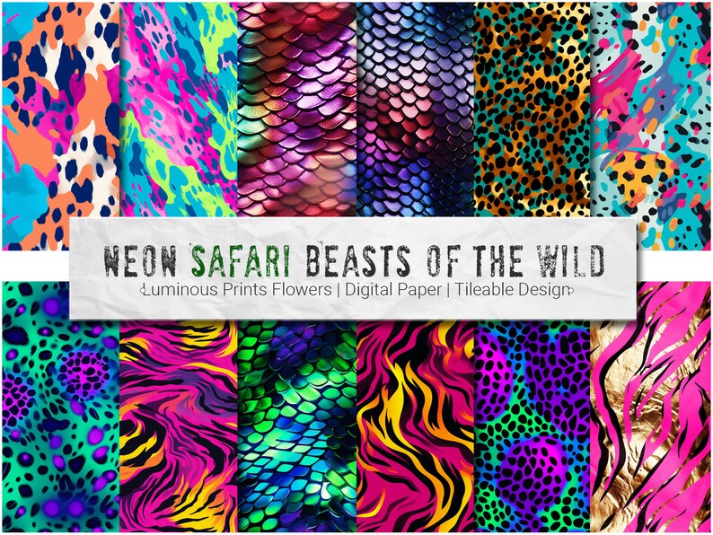 Neon Safari Animal Prints - Digital Paper Pack 12 Seamless Tileable PNG ...