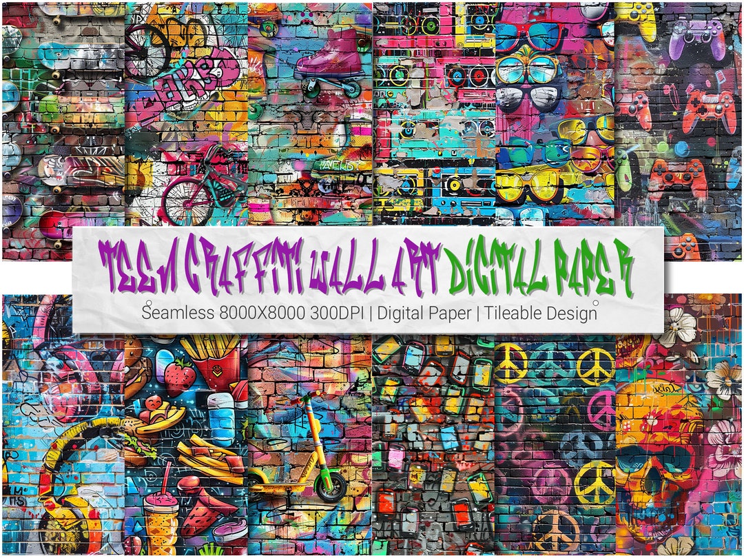 Teen Graffiti Wall Art Digital Paper in 8K - 12 Seamless Patterns ...