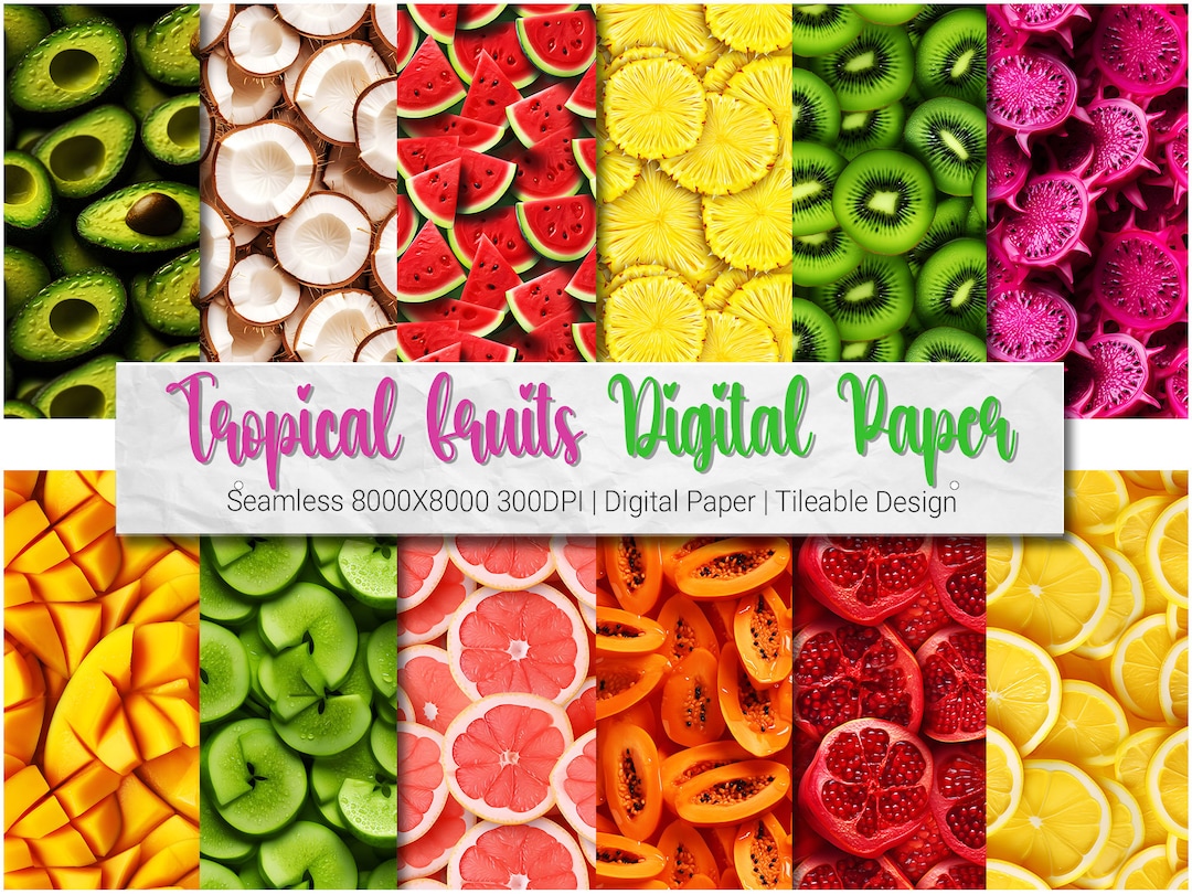 Tropical Fruits 8K Digital Paper - 13 Seamless Patterns in 8K, Summer ...