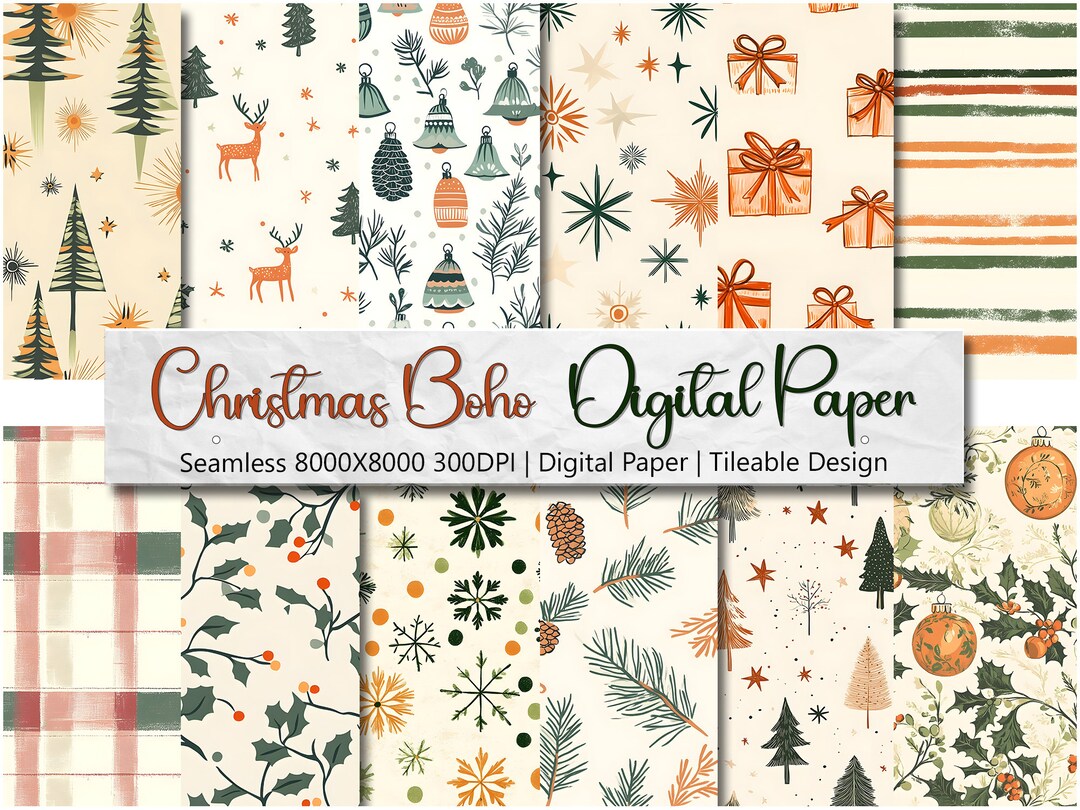 Christmas Boho Digital Paper in 8K - 15 Seamless Patterns, Holiday ...