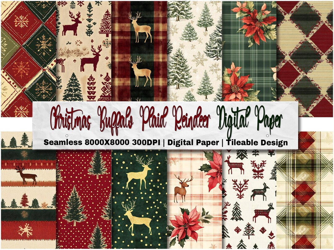 15 Christmas Buffalo Plaid Reindeer Digital Paper in 8K - 15 Seamless ...