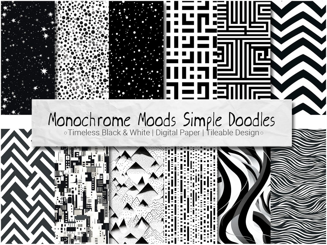 Monochrome Simple Doodles in Black & White - Digital Paper Pack 12 ...