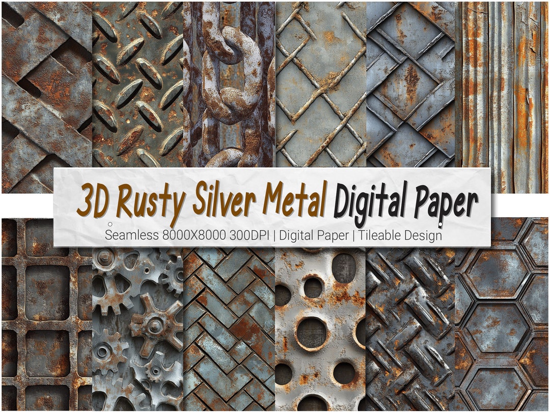 3D Silver Rusty Metal Digital Paper in 8K - 12 Seamless Patterns, Rust ...