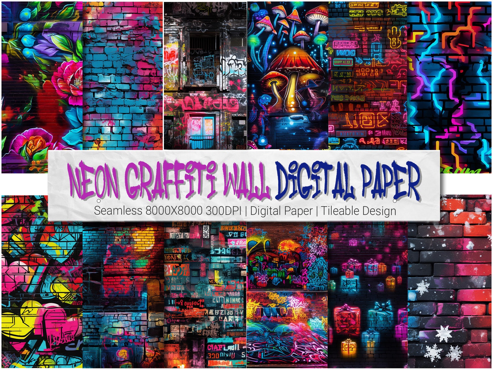Neon Graffiti Wall Digital Paper in 8K - 13 Seamless Digital Papers ...