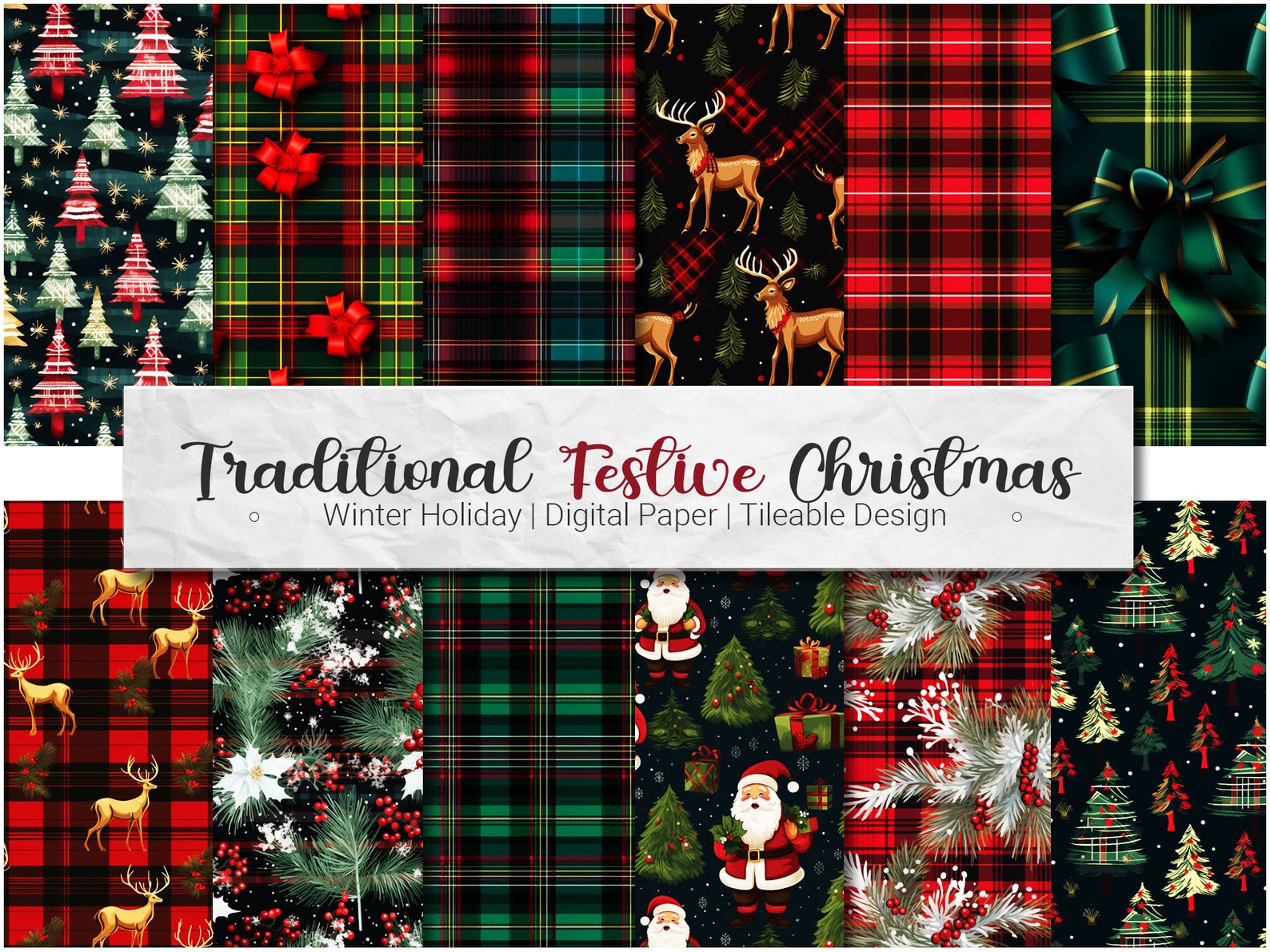 Traditional Festive Christmas - Digital Paper Pack 12 Seamless Tileable ...
