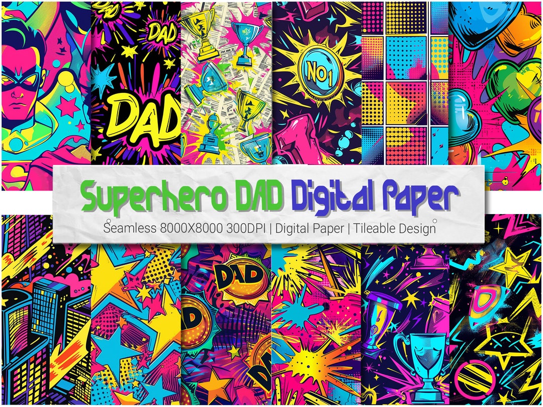Superhero Dad Fathers Day Digital Paper in 8K - 12 Seamless Patterns ...