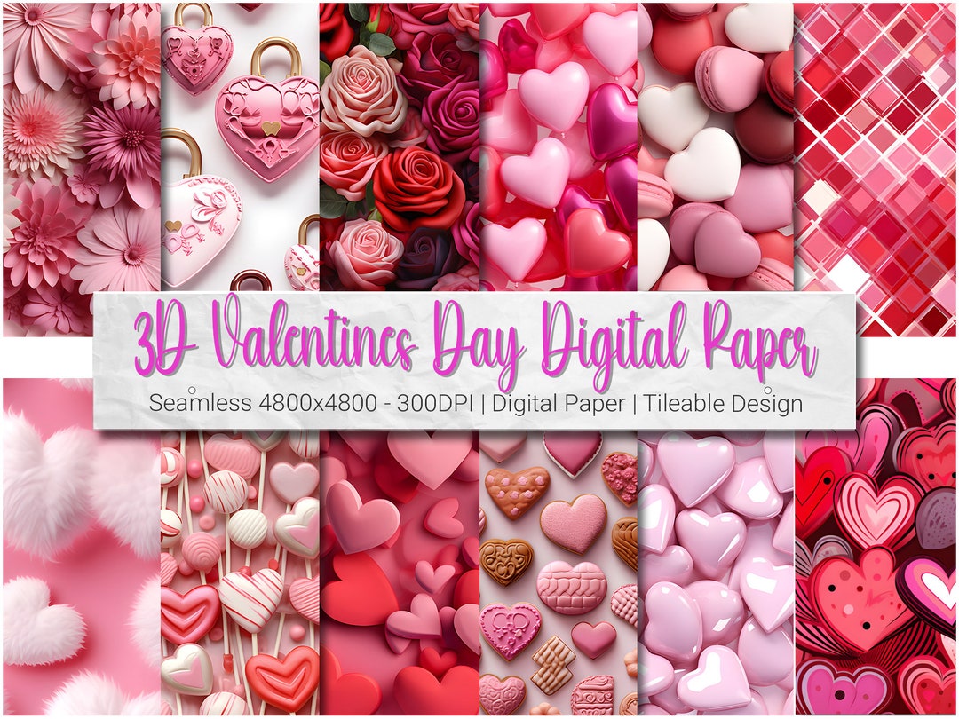 3D Valentines Digital Paper - 16 Seamless Tileable PNG Patterns ...