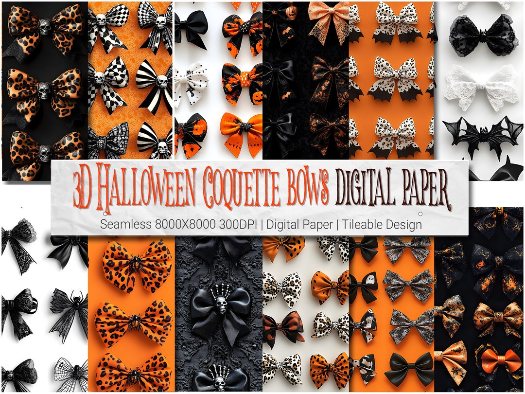 3D Halloween Coquette Bows Digital Paper 8K - 12 Seamless Patterns ...
