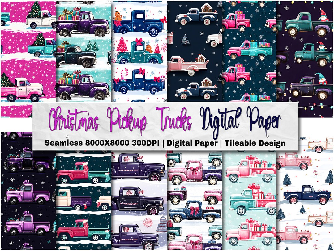 Christmas Pickup Trucks Digital Paper in 8K - 12 Seamless Patterns ...