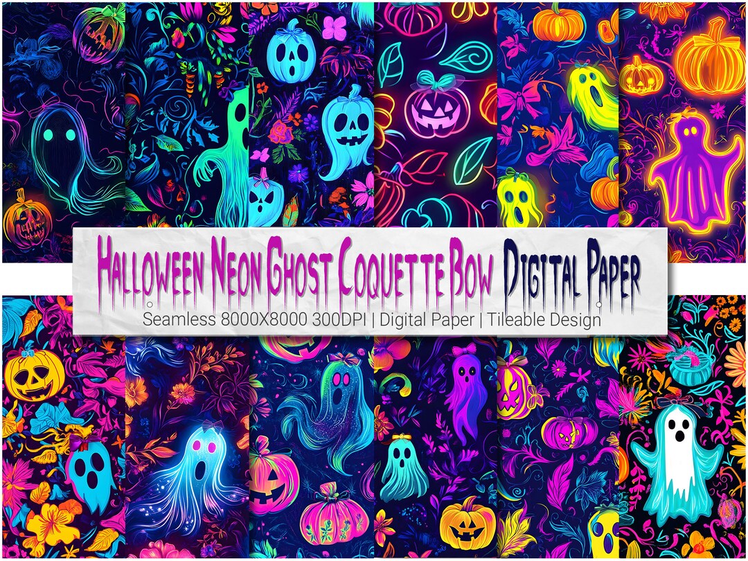 Halloween Neon Ghost Coquette Bow Digital Paper in 8K - 12 Seamless ...