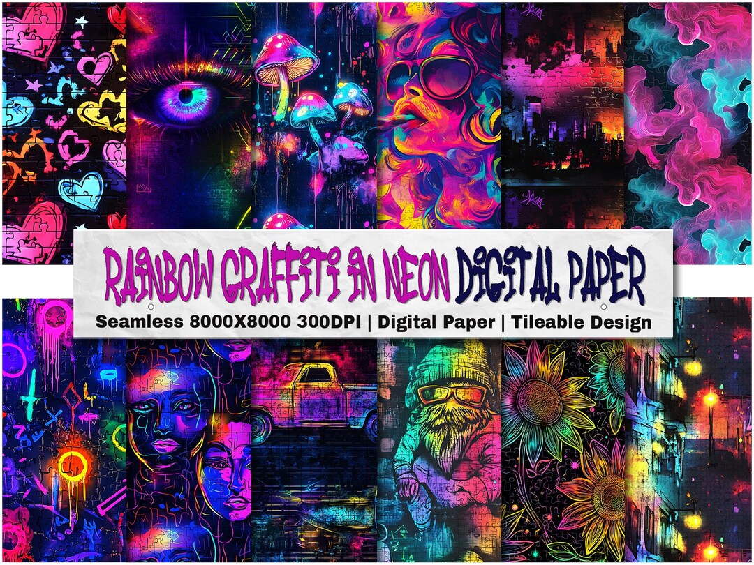 Rainbow Graffiti in Neon With Puzzle Overlay Digital Paper in 8K - 12 ...