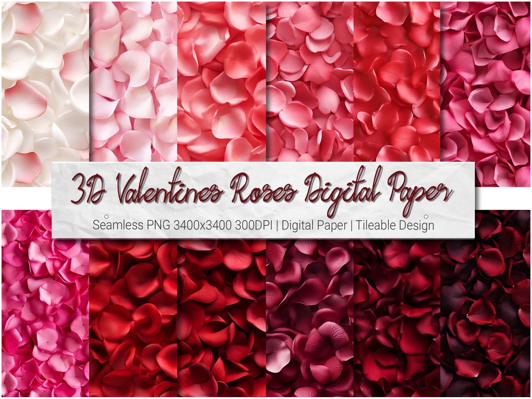 3D Valentines Rose Petals Digital Paper - 12 Seamless PNG Patterns ...