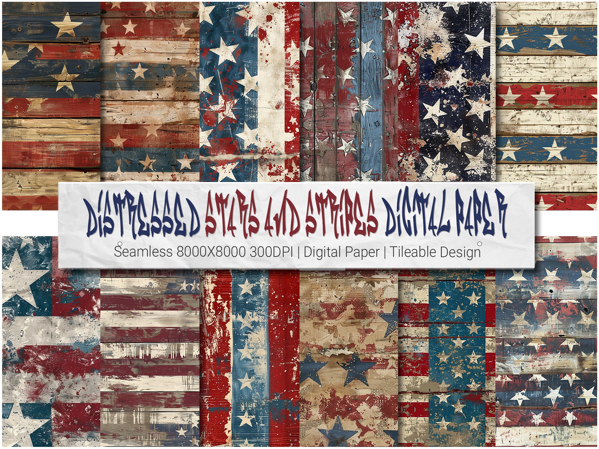 Distressed Stars and Stripes Digital Paper in 8K - 12 Seamless Patterns ...