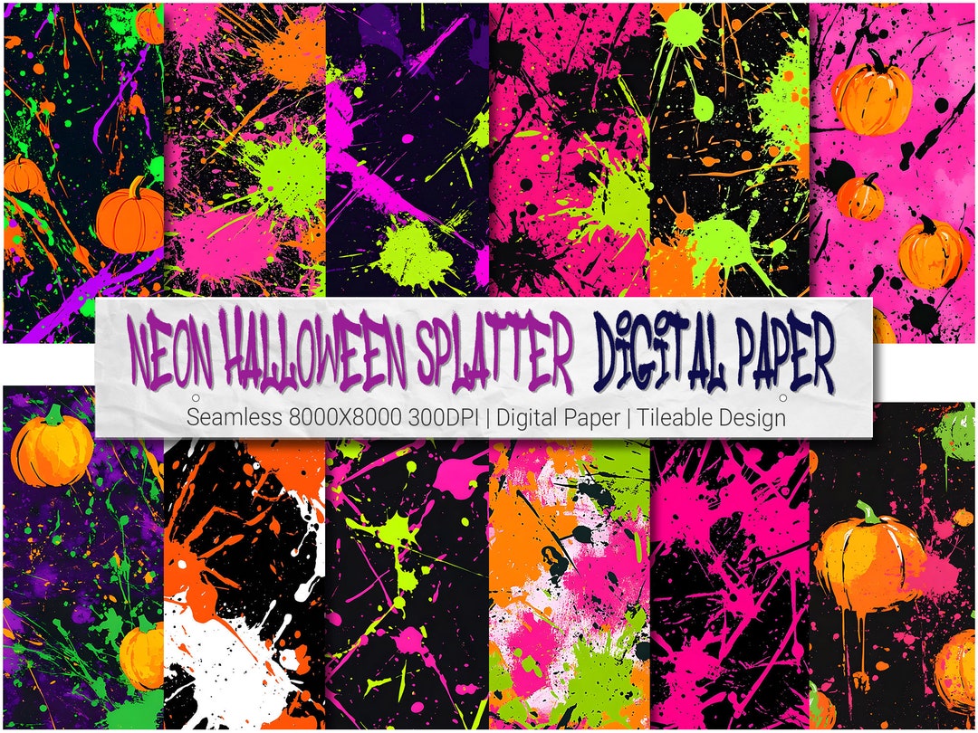 20 Neon Halloween Splatter Digital Paper 8K - 20 Seamless Patterns ...