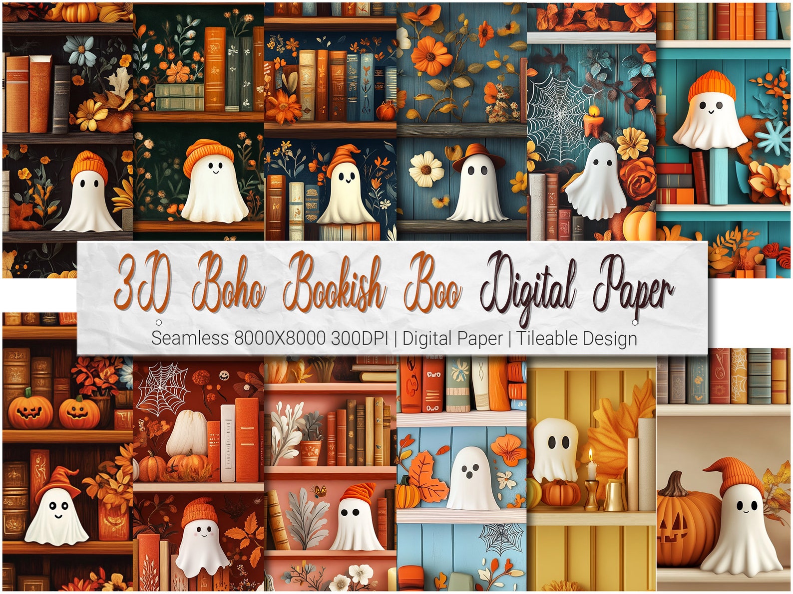3D Halloween Boho Bookish Boo Digital Paper in 8K 12 Seamless Patterns ...