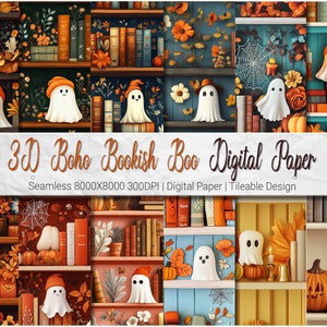 3D Halloween Boho Bookish Boo Digital Paper in 8K 12 Seamless Patterns ...