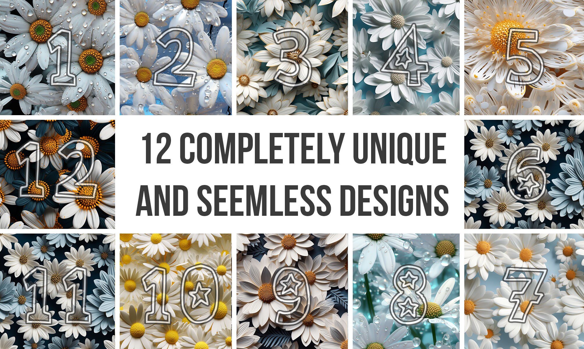 3D Daisy Spring Flowers - Digital Paper Pack 12 Seamless, Tileable PNG ...