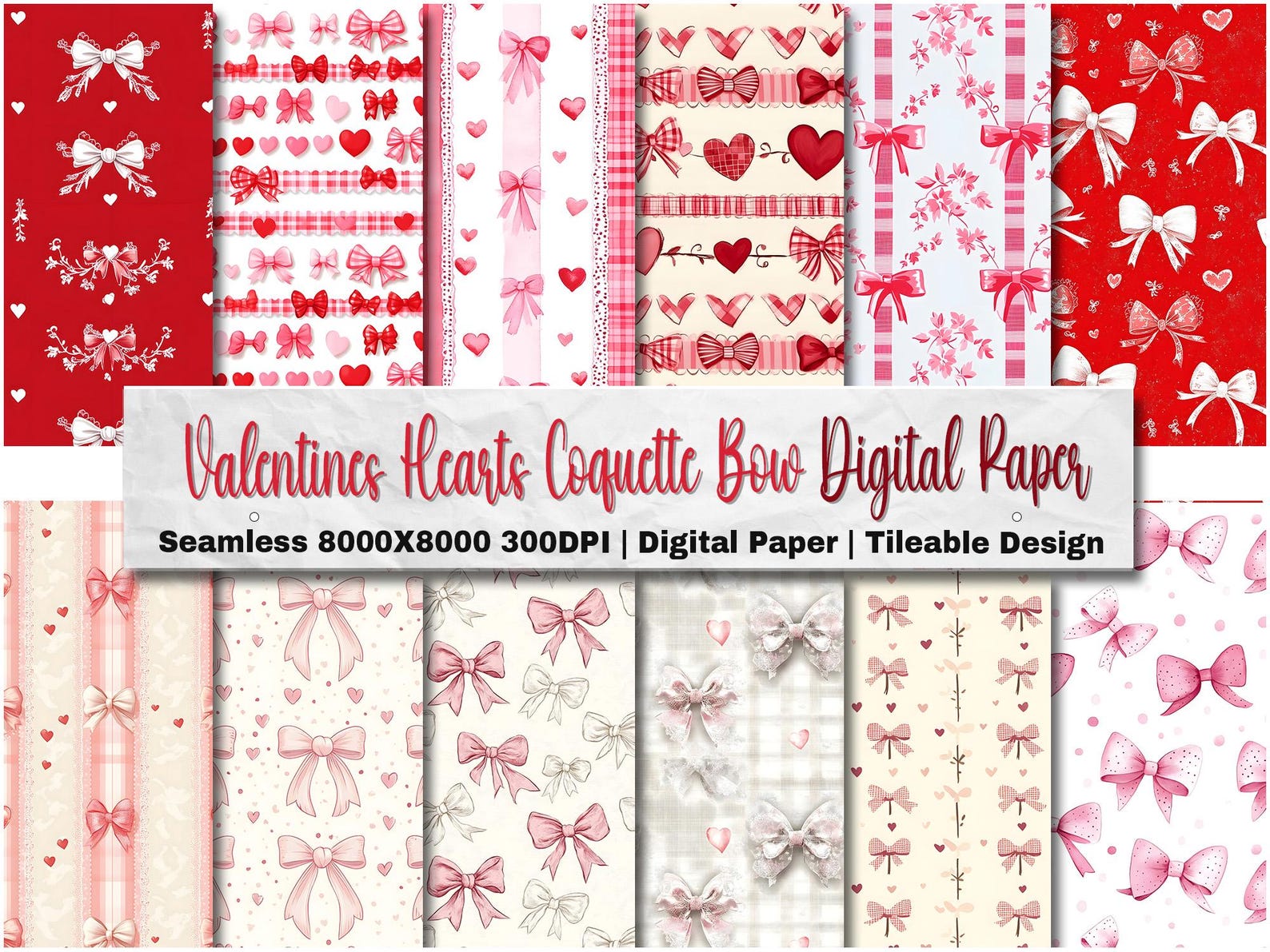 20 Valentines Hearts Coquette Bow Digital Paper 8K - 20 Seamless ...